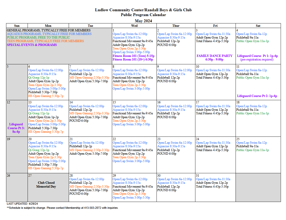 Full Program Calendar