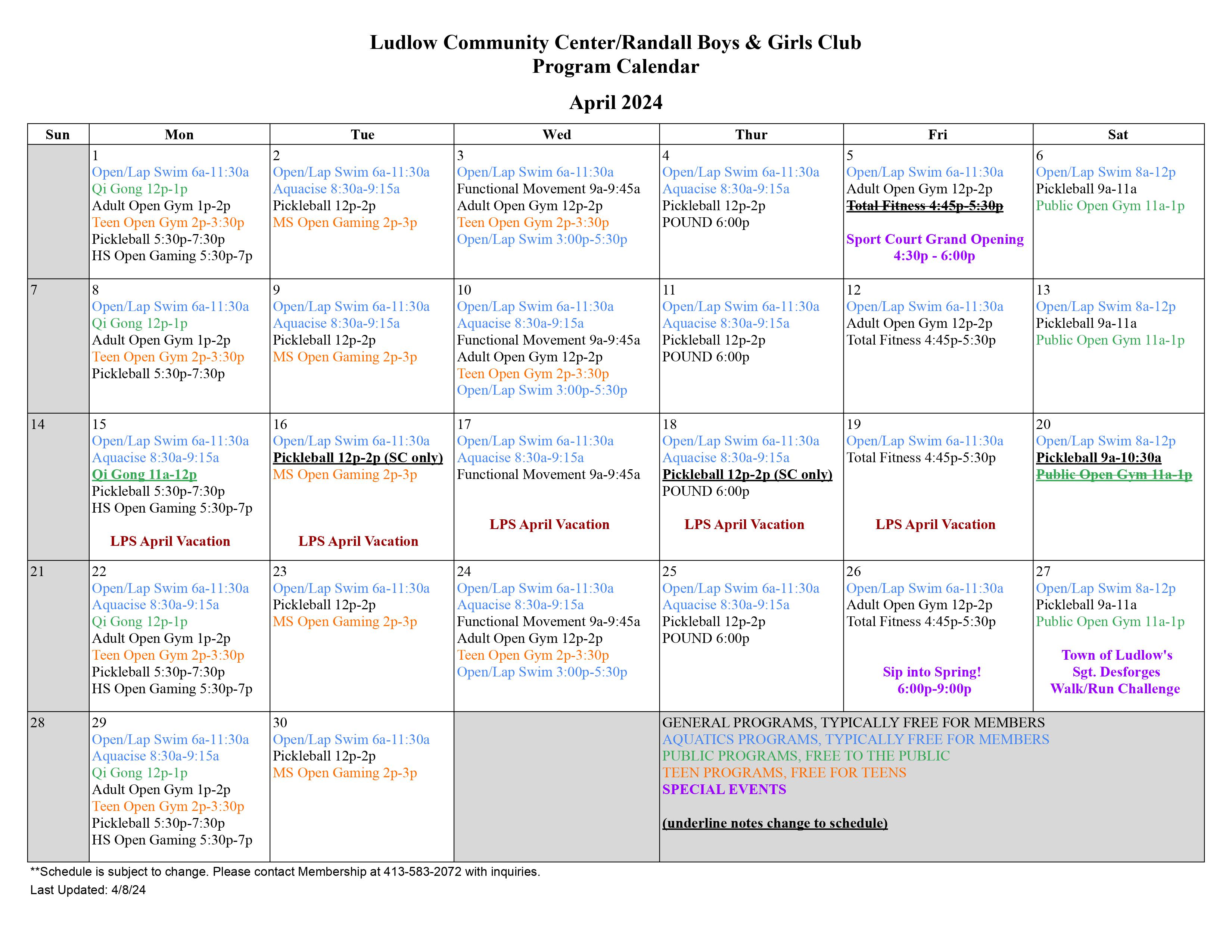 Full Program Calendar